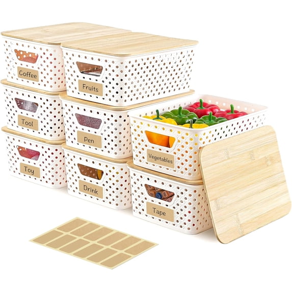 8 Pack Plastic Storage Bins with Bamboo Lids - Stackable Storage ...