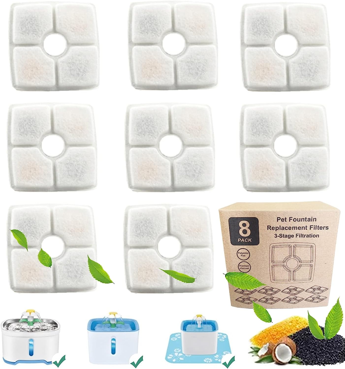 8-Pack Replacement Filters for Cat Fountain, Triple Filtration System ...