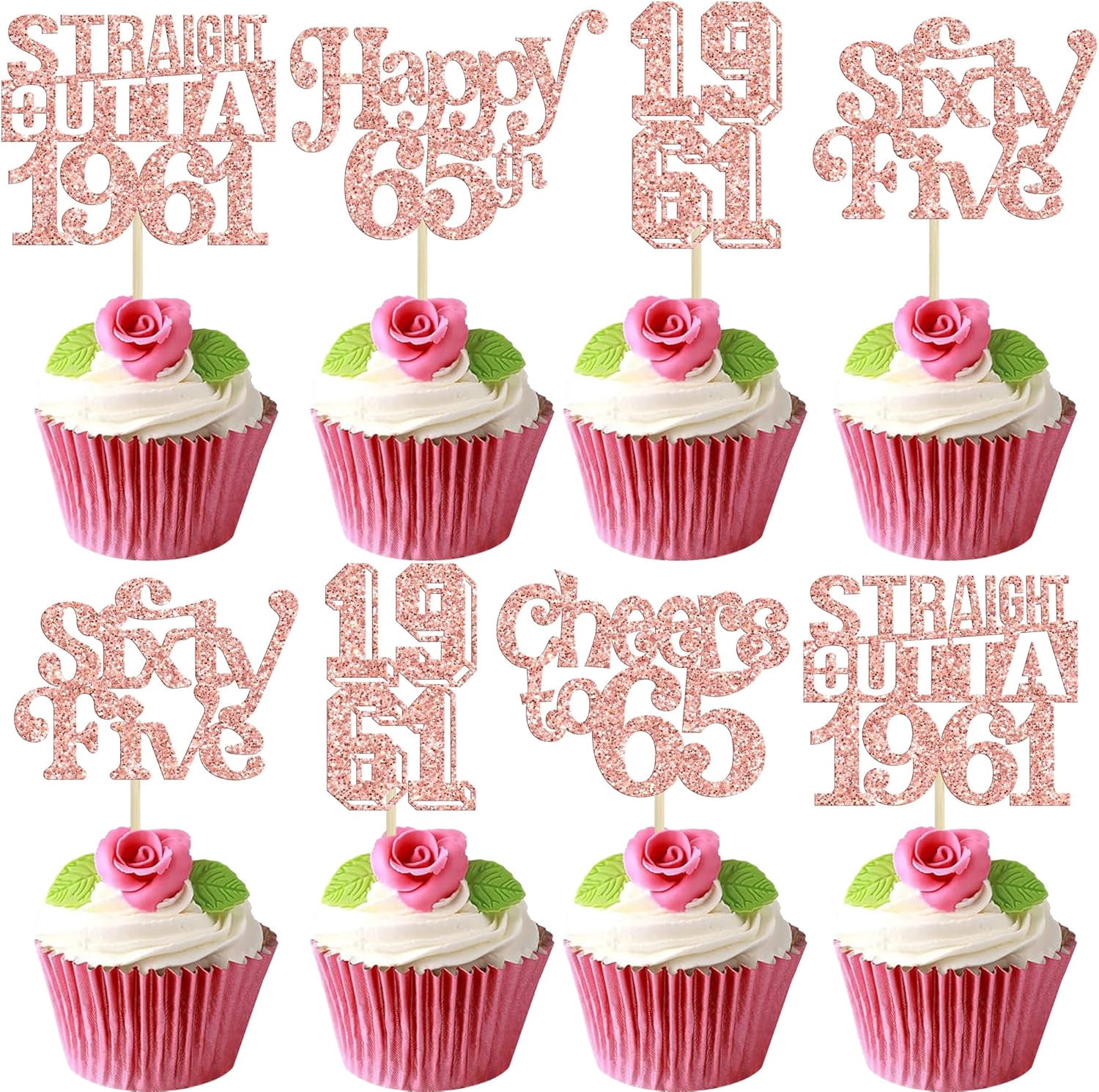 8 Pack Rose Gold Glitter 65th Birthday Cupcake Toppers, Party Picks ...