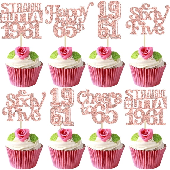 8 Pack Rose Gold Glitter 65th Birthday Cupcake Toppers, Party Picks ...