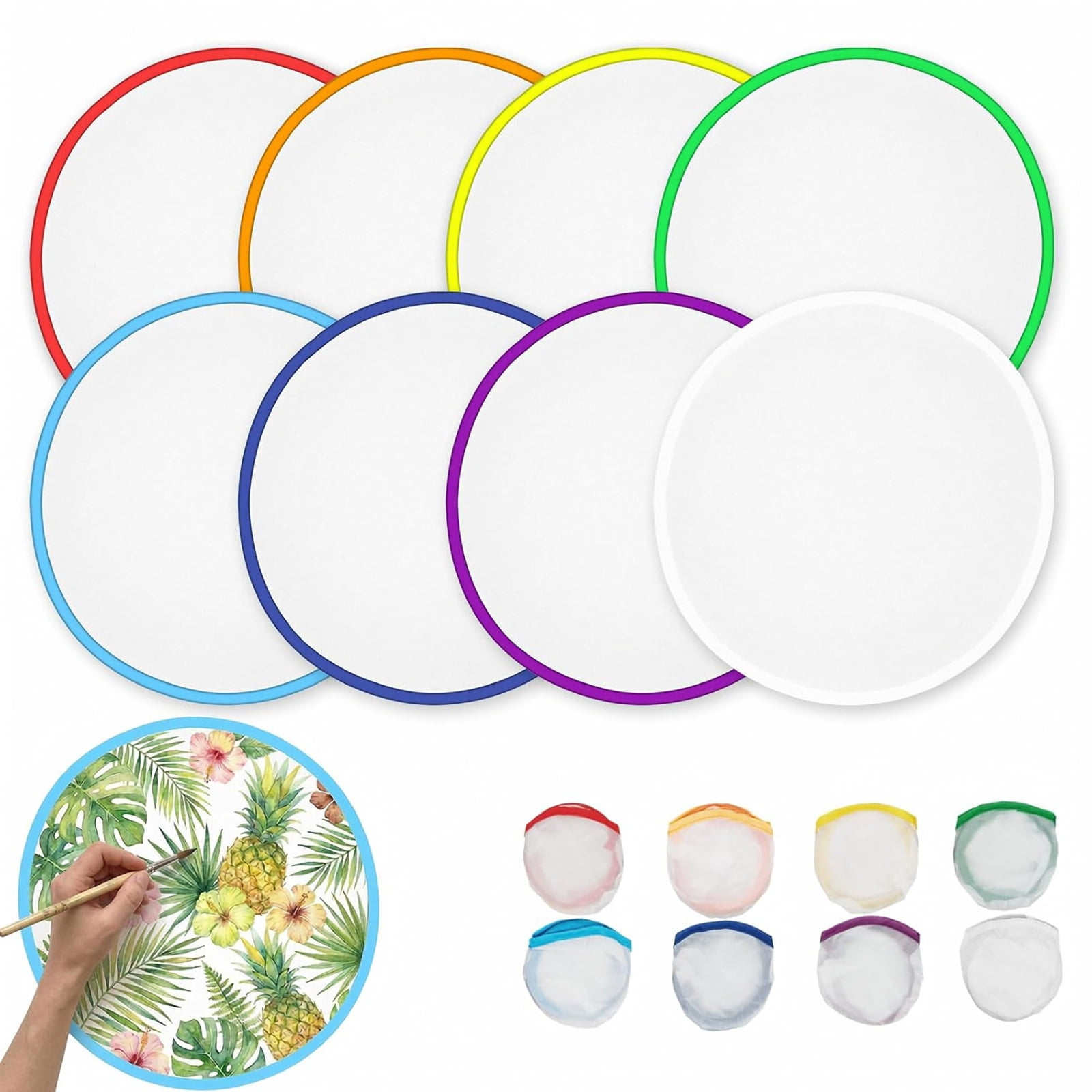 8 Pack Round Foldable Hand Fans Polyester Heat Transfer Blanks Portable ...