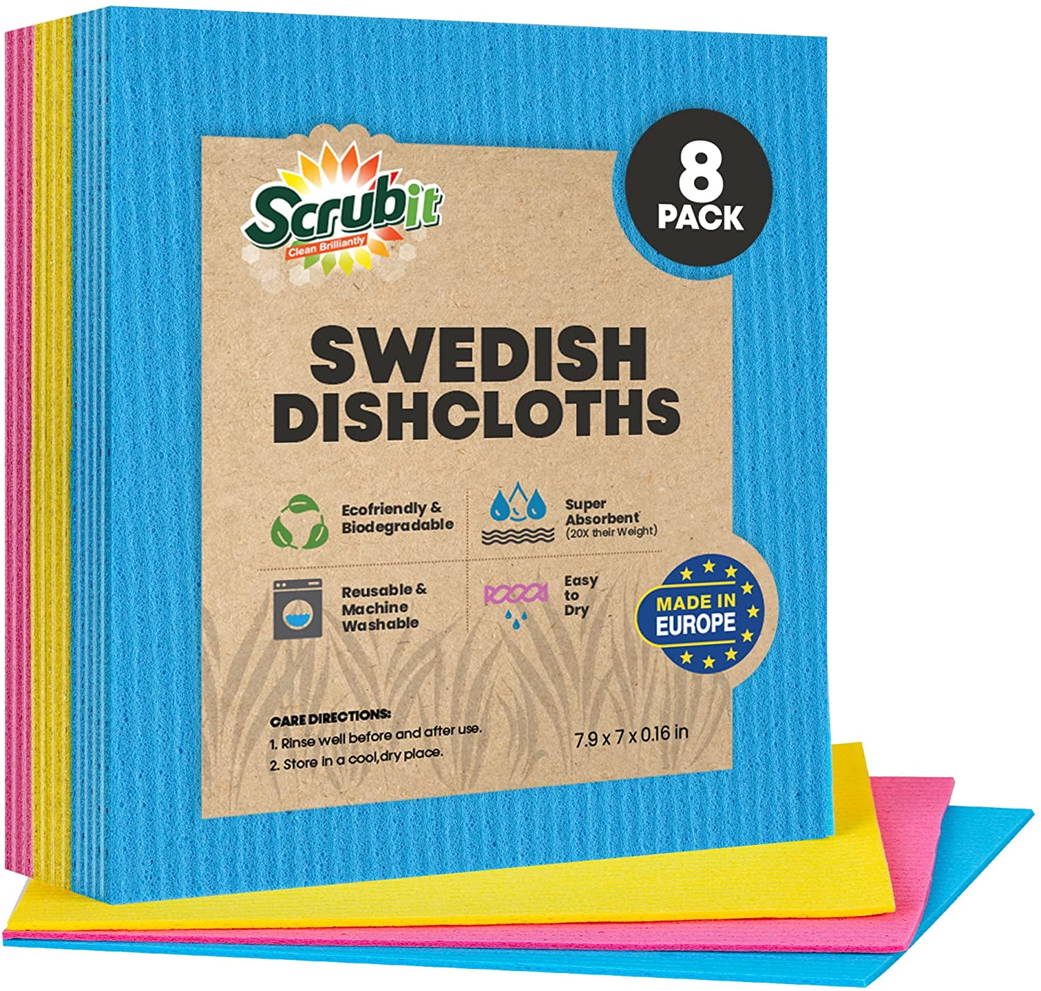 SCRUBIT 8 Pack Swedish Dish Cloths - Reusable, Ultra Absorbent Kitchen ...