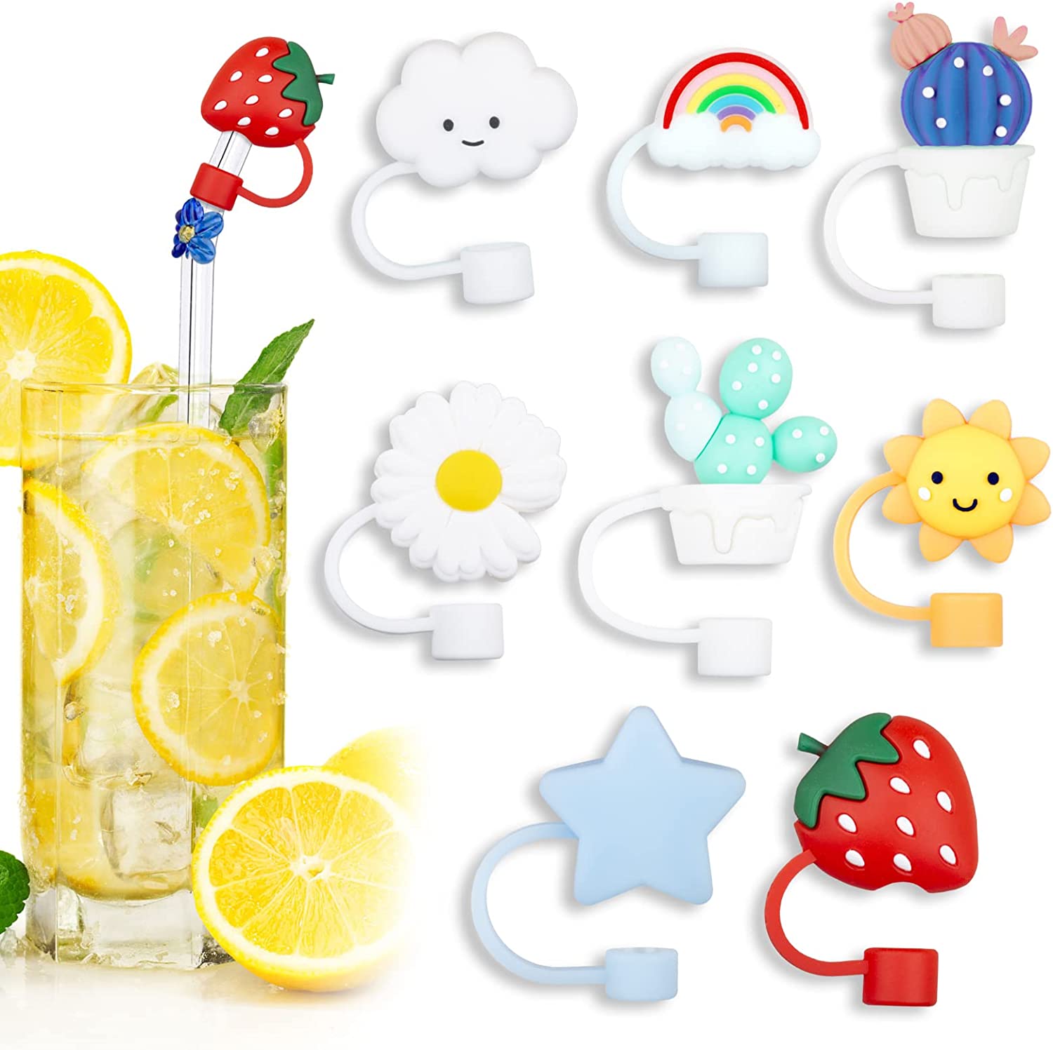 8 Pack Silicone Straw Covers Cap, Cute Silicone Straw Covers in various ...