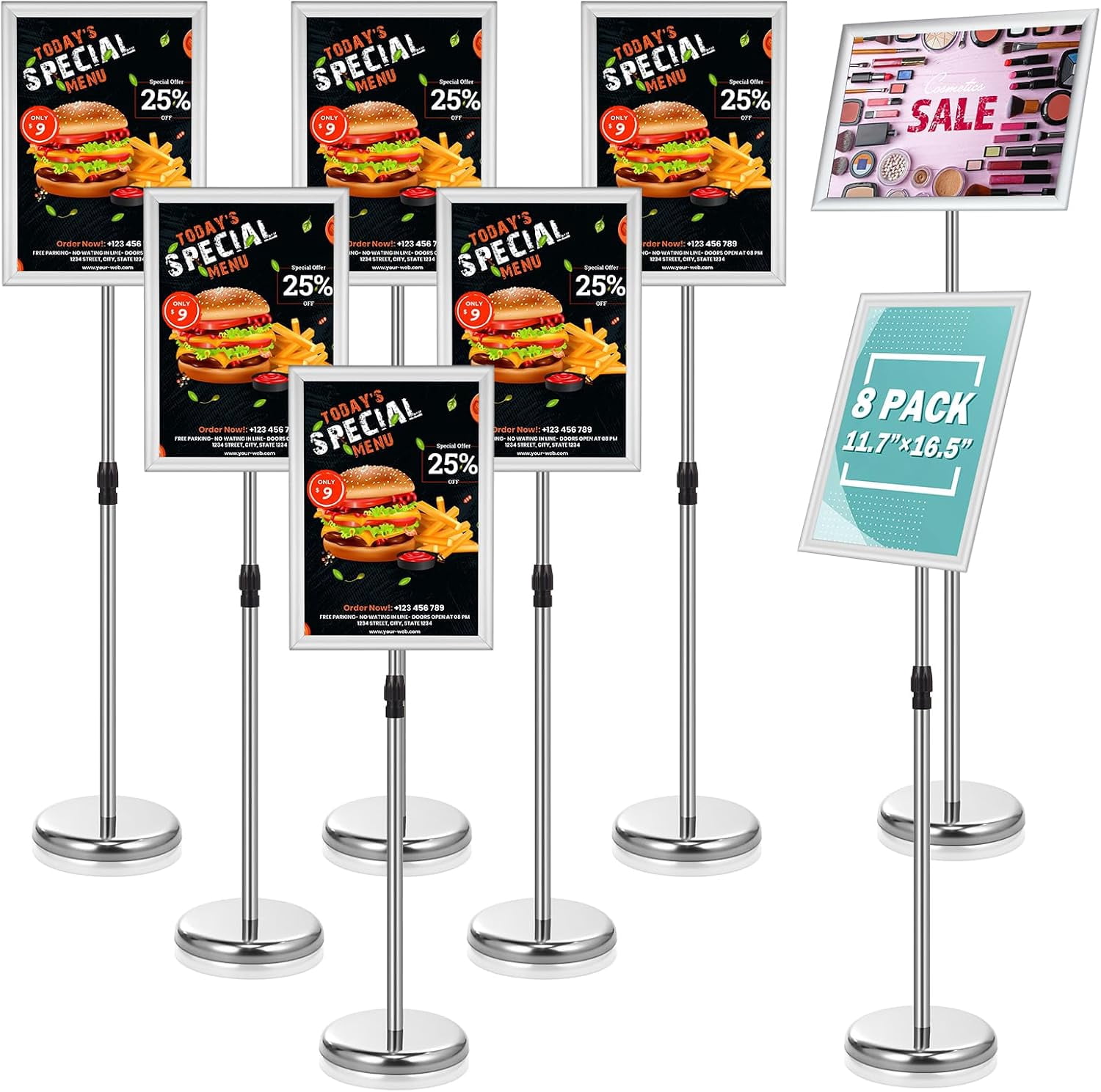8 Pack Silver 8.3 x 11.7'' Adjustable Heavy Duty Pedestal Sign Holder ...