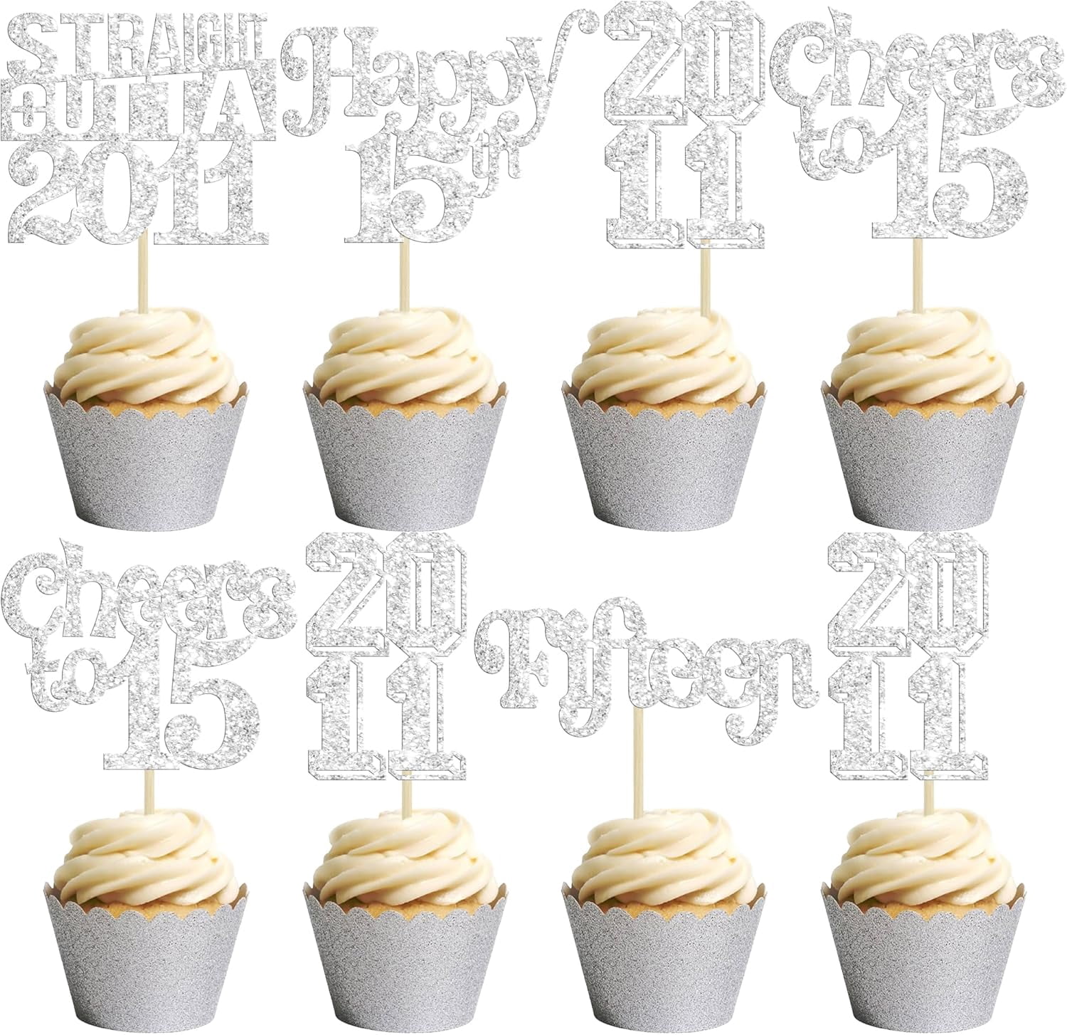 8 Pack Silver Glitter 25th Birthday Cupcake Toppers, Party Picks ...