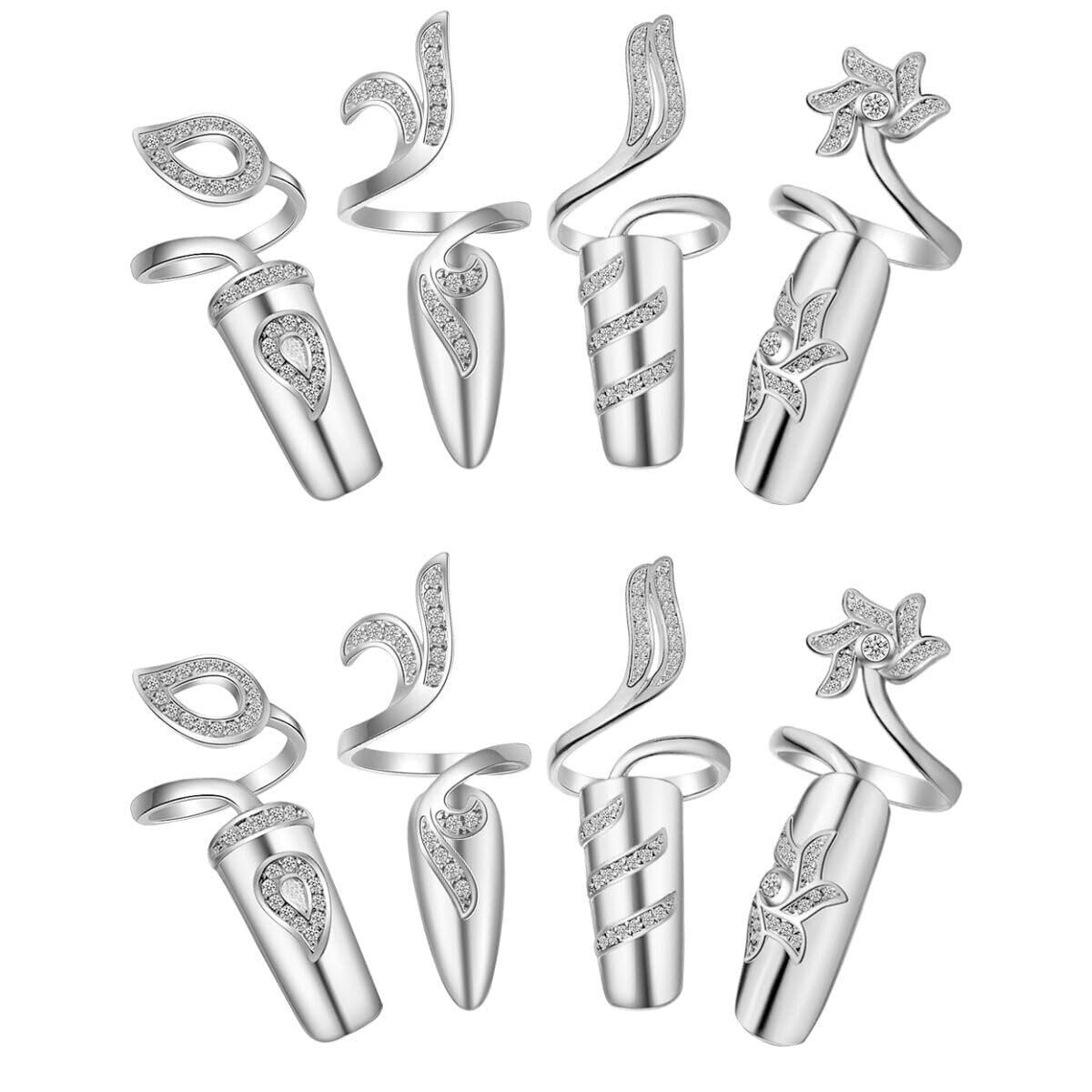 8 Pack Silver Nail Rings Rhinestones Fingernails Rings Fashion Retro ...