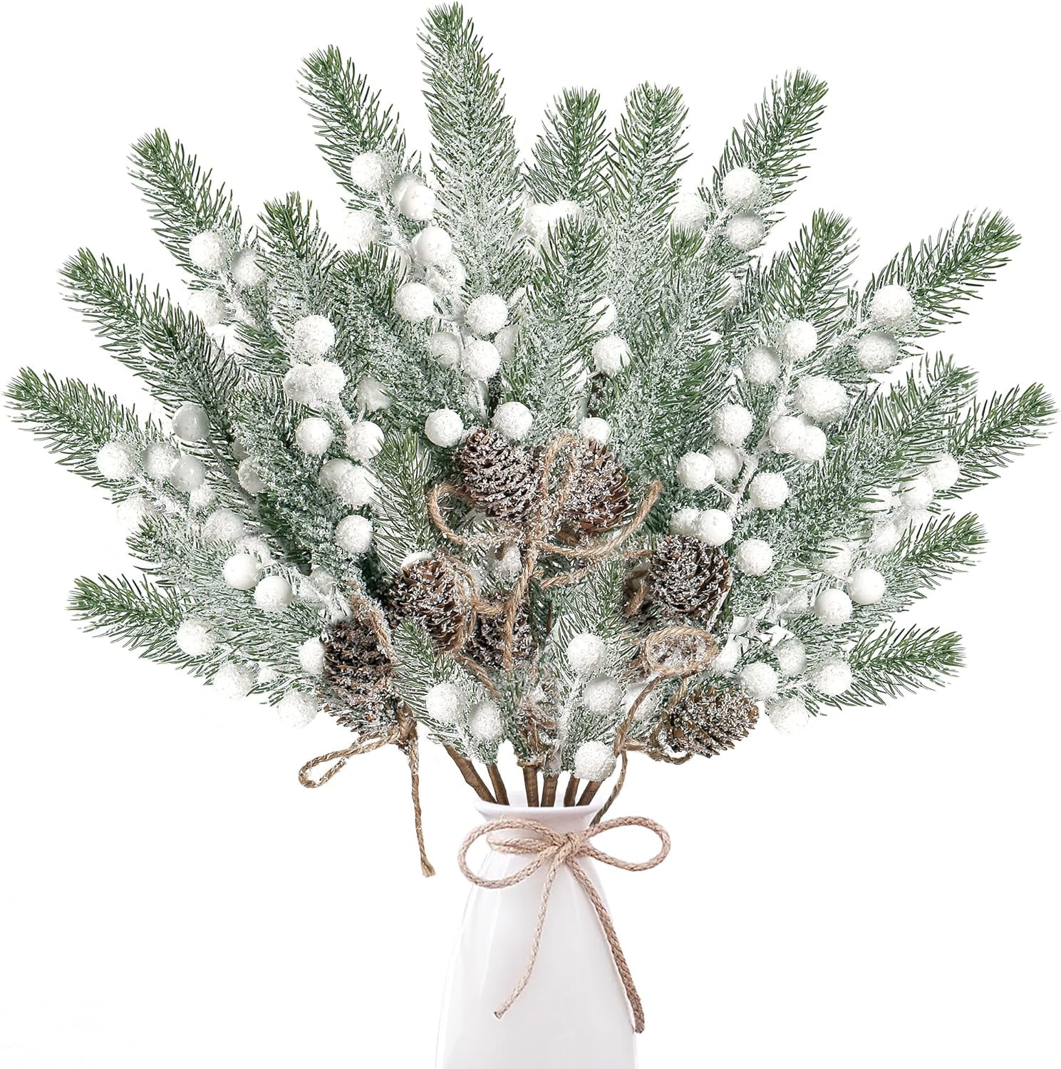 8 Pack Snow Frosted Christmas Berries Pine Picks Artificial White Berry ...