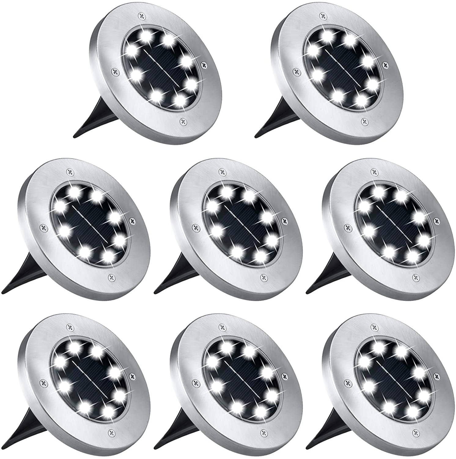 8 Pack Solar Ground Lights, 8 LED Solar Powered Disk Lights Outdoor ...