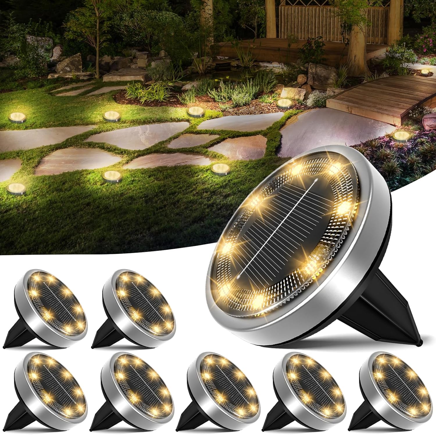 8 Pack Solar Ground Lights Outdoor, 8 LED Solar Lights Outdoor ...