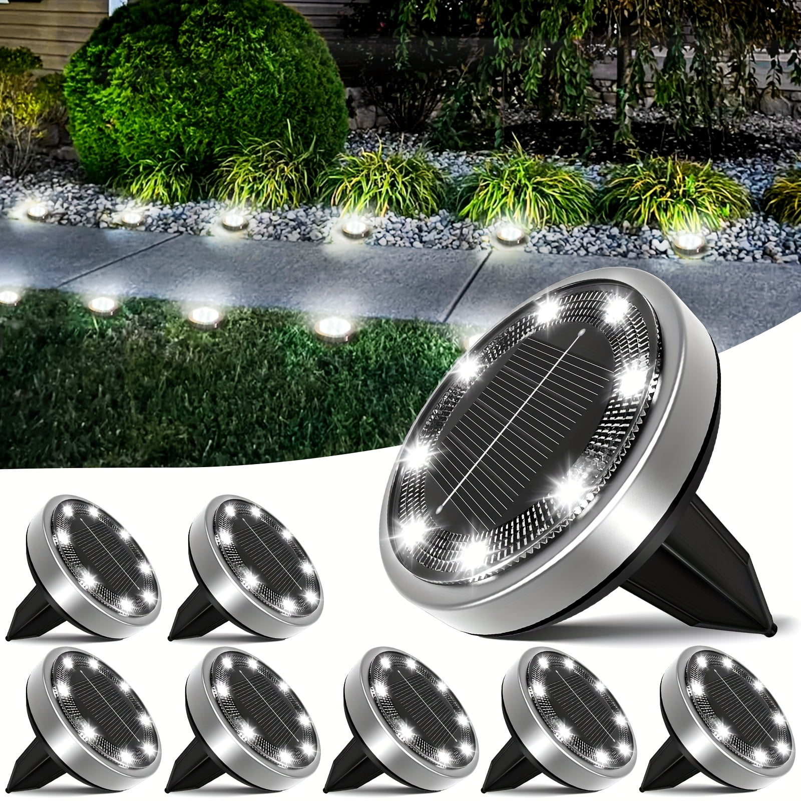 8 Pack Solar Ground Lights Outdoor - 8 LED Solar Pathway Lights with ...