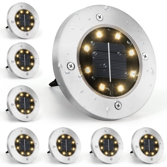 8 Pack Solar Ground Lights, Warm White LED Disk Lights, Waterproof In ...