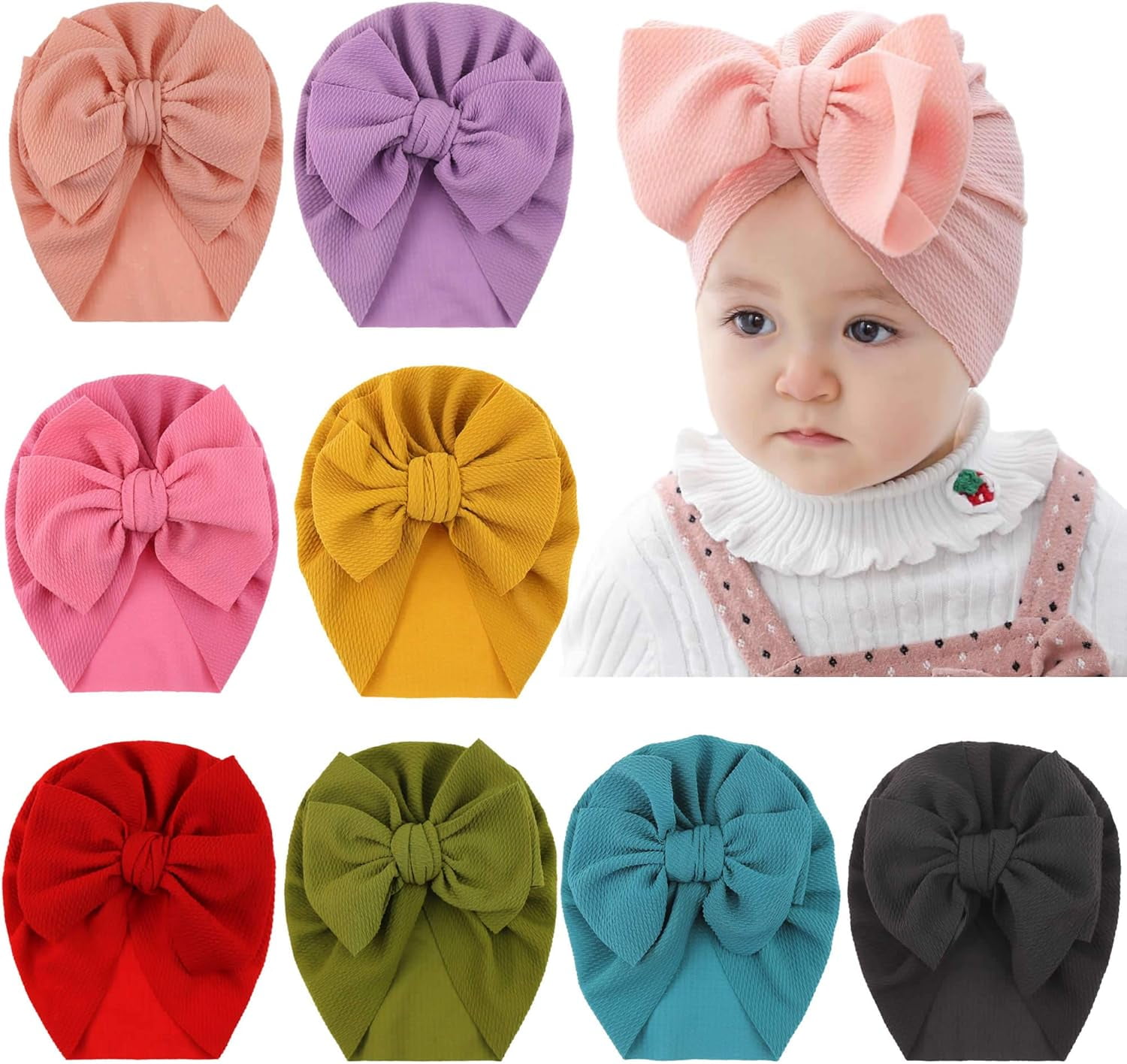 8 Pack Solid Large Turban Hat Cap Beanie Bonnet with Big Hair Bow ...