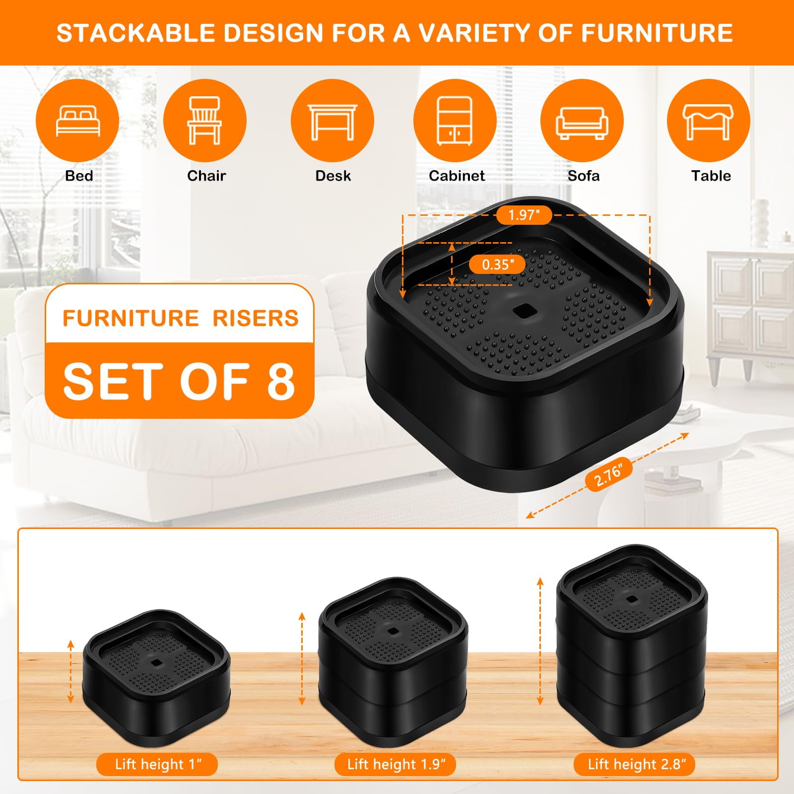 8 Pack Square Furniture Risers, Adjustable 1-3 Inch Stackable Lift for ...