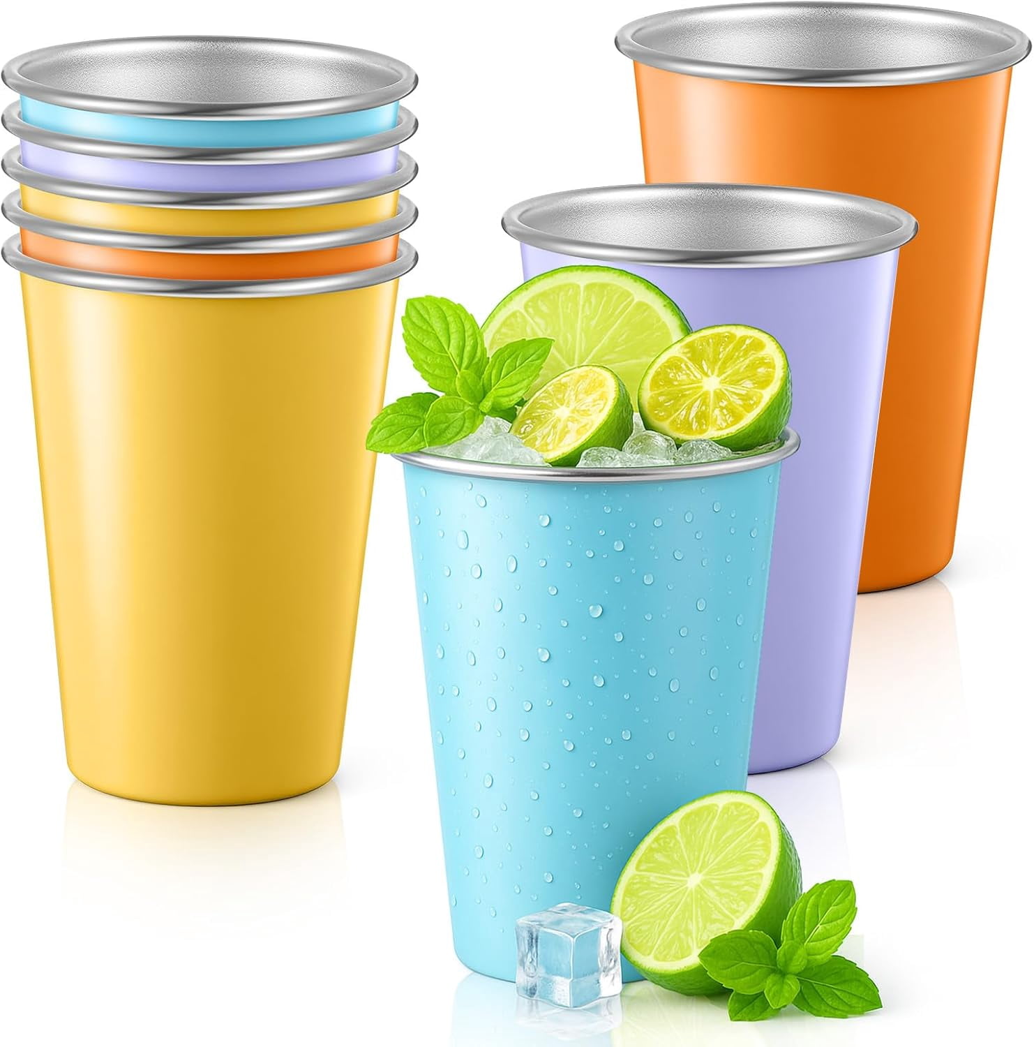 8 Pack Stainless Steel Cups 16 oz Pint Tumbler Colorful Stackable Pint ...