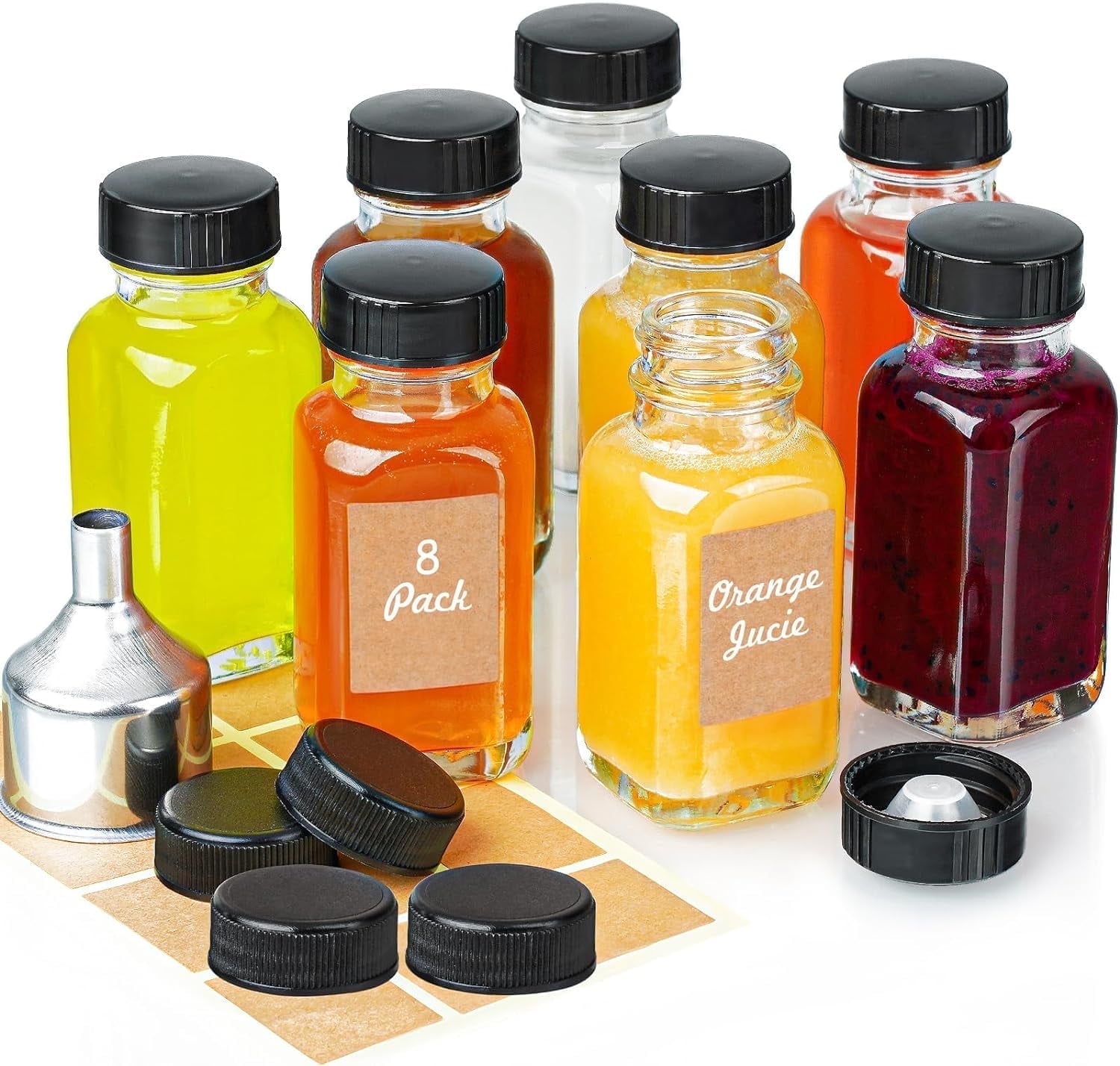 Syntic 8 Pack 2 oz Square Glass Jars with Caps Reusable Juice Bottles ...