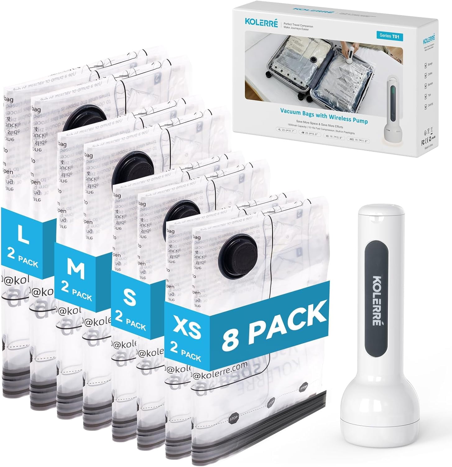 8 Pack Travel Vacuum Bags with Upgraded Rechargeable Pump, 4 Sizes ...