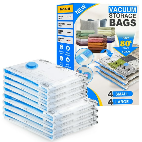8 Pack Vacuum Storage Bags, 4 Small 4 Large Vacuum Seal Bags, Airtight ...