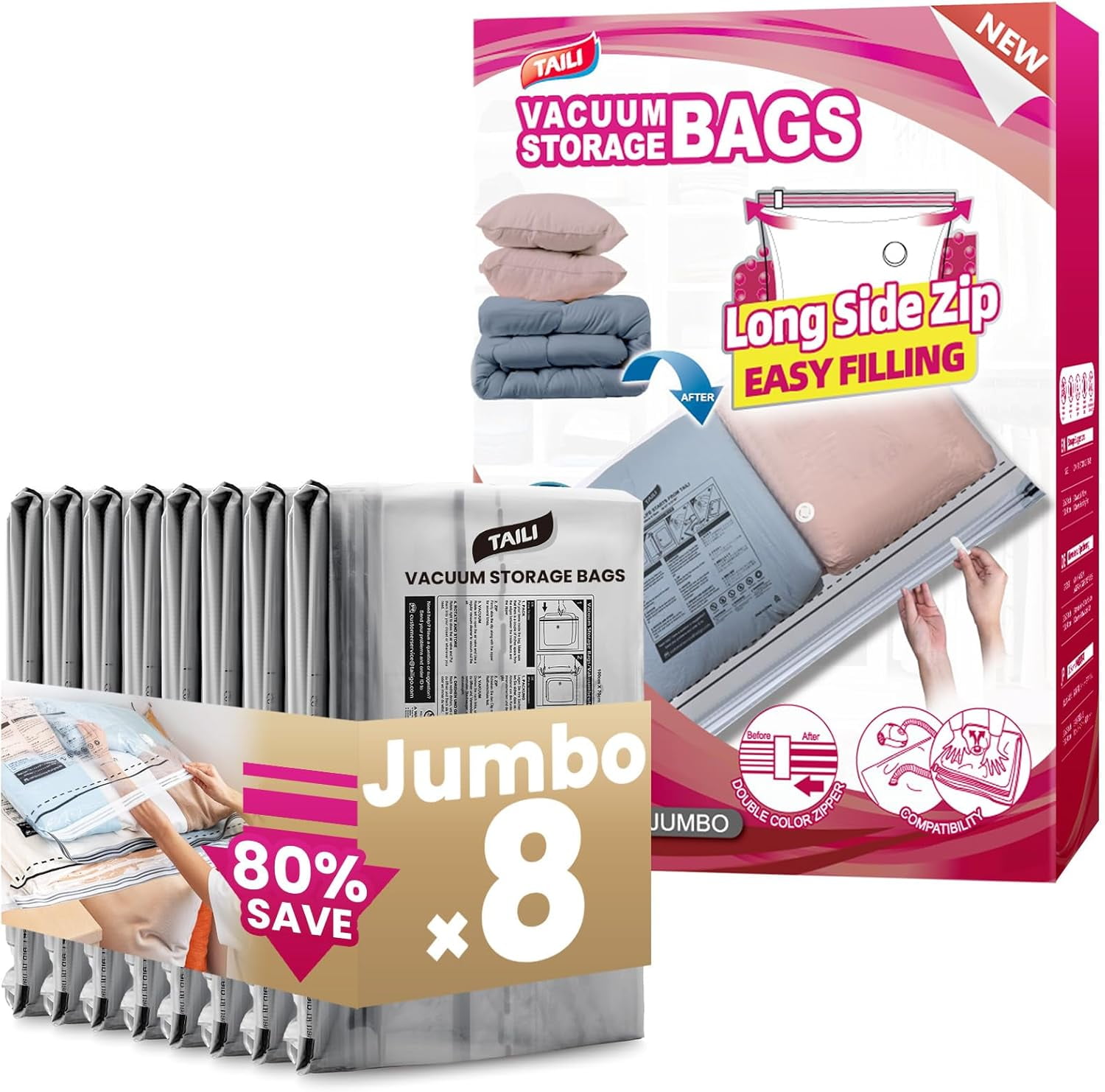 8 Pack Vacuum Storage Bags, Jumbo Size 39x28 inch, LONG SIDE ZIP Vacuum ...