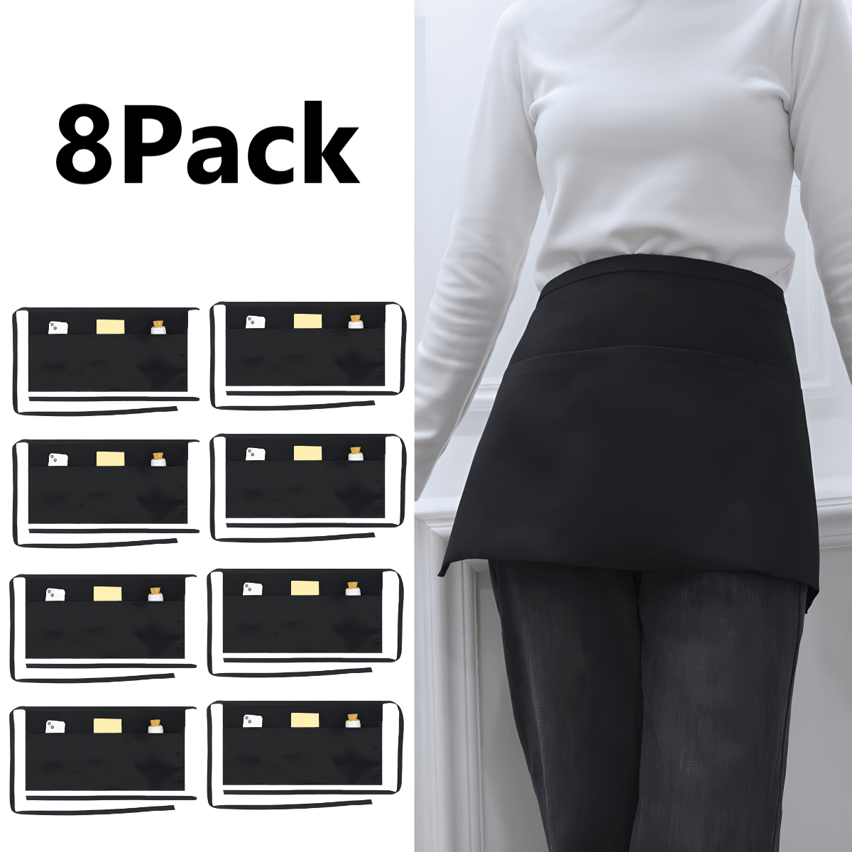 8 Pack Waist Apron with 3 Pockets - Water & Oil Resistant - Black ...