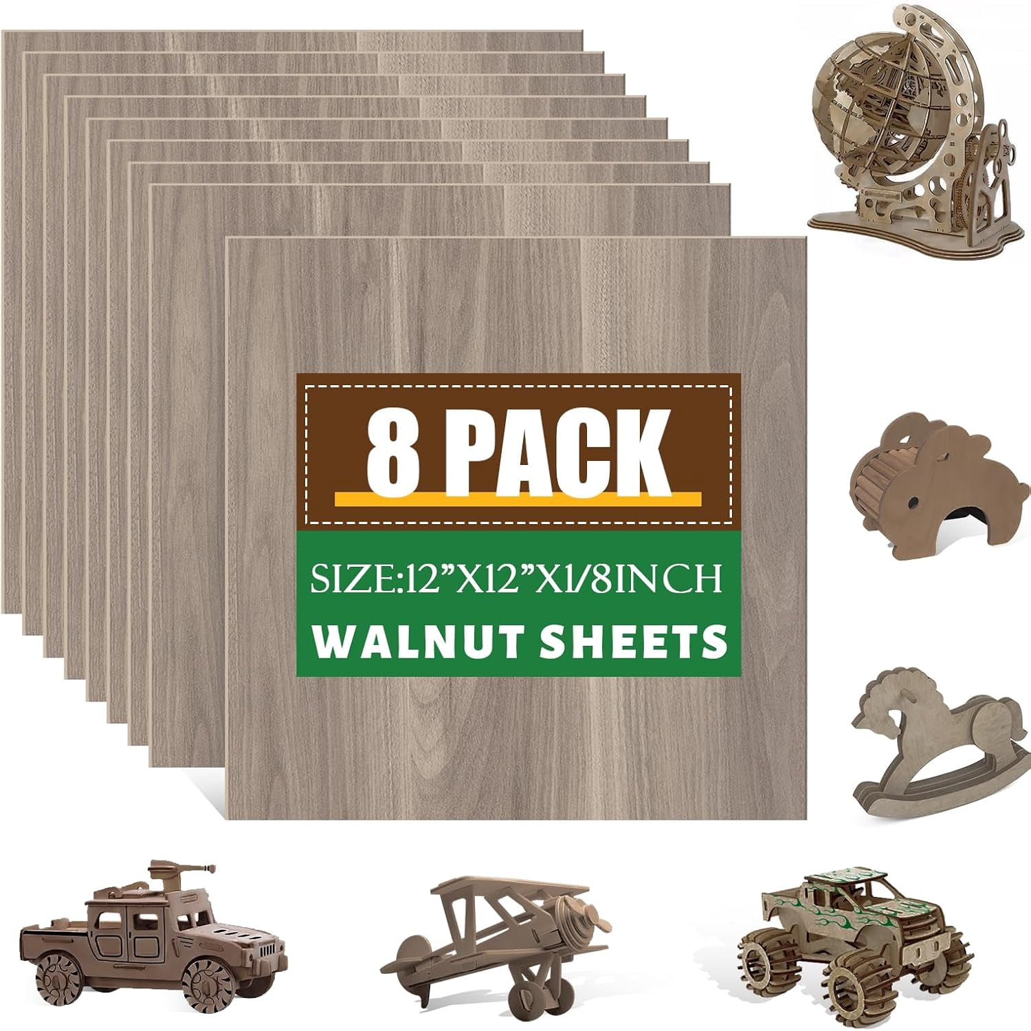 8 Pack Walnut Plywood Sheets 12x12x1/8 Inch,3mm Plywood for Laser ...