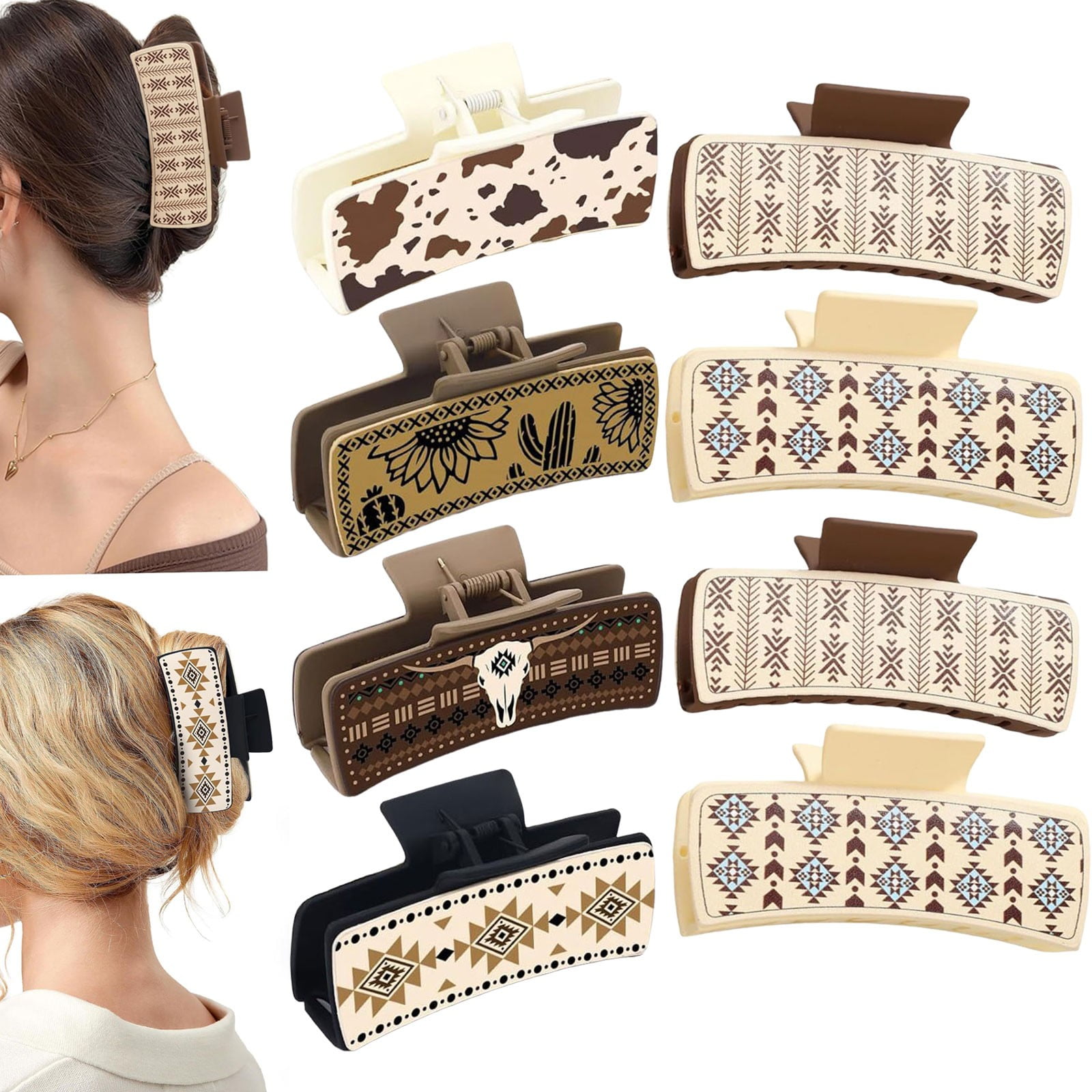 8-Pack Western Leather Hair Claw Clips - Yellow Chrysanthemum, Cow ...