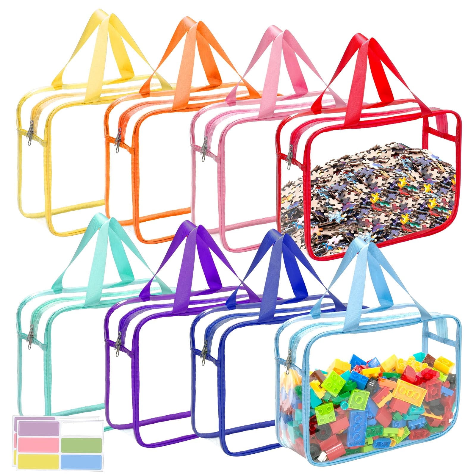 8 Packs 8 Colors Large Toy Storage Bags with Zipper and Labels, Clear ...