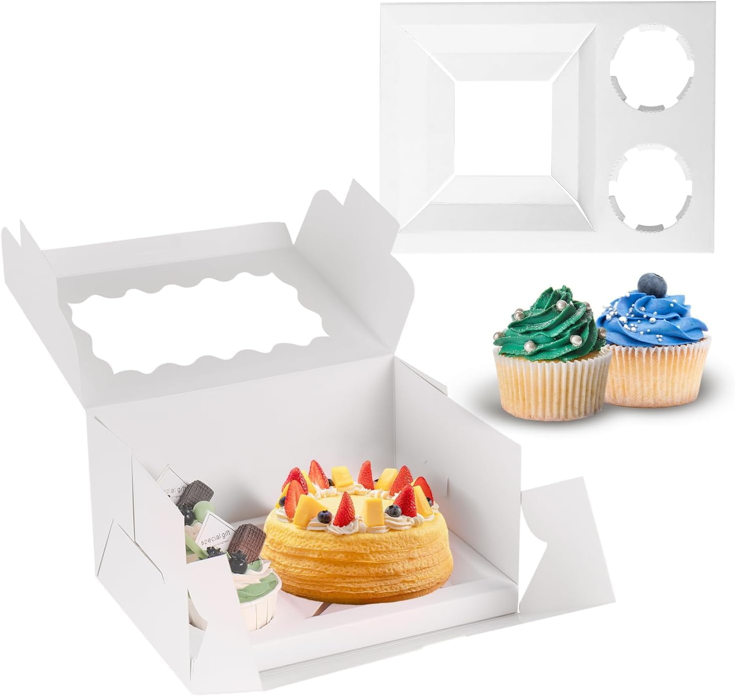 8 Packs Bento Cake and Cupcake Box 3 Holes Fit 2 Cupcakes and 1 Mini ...
