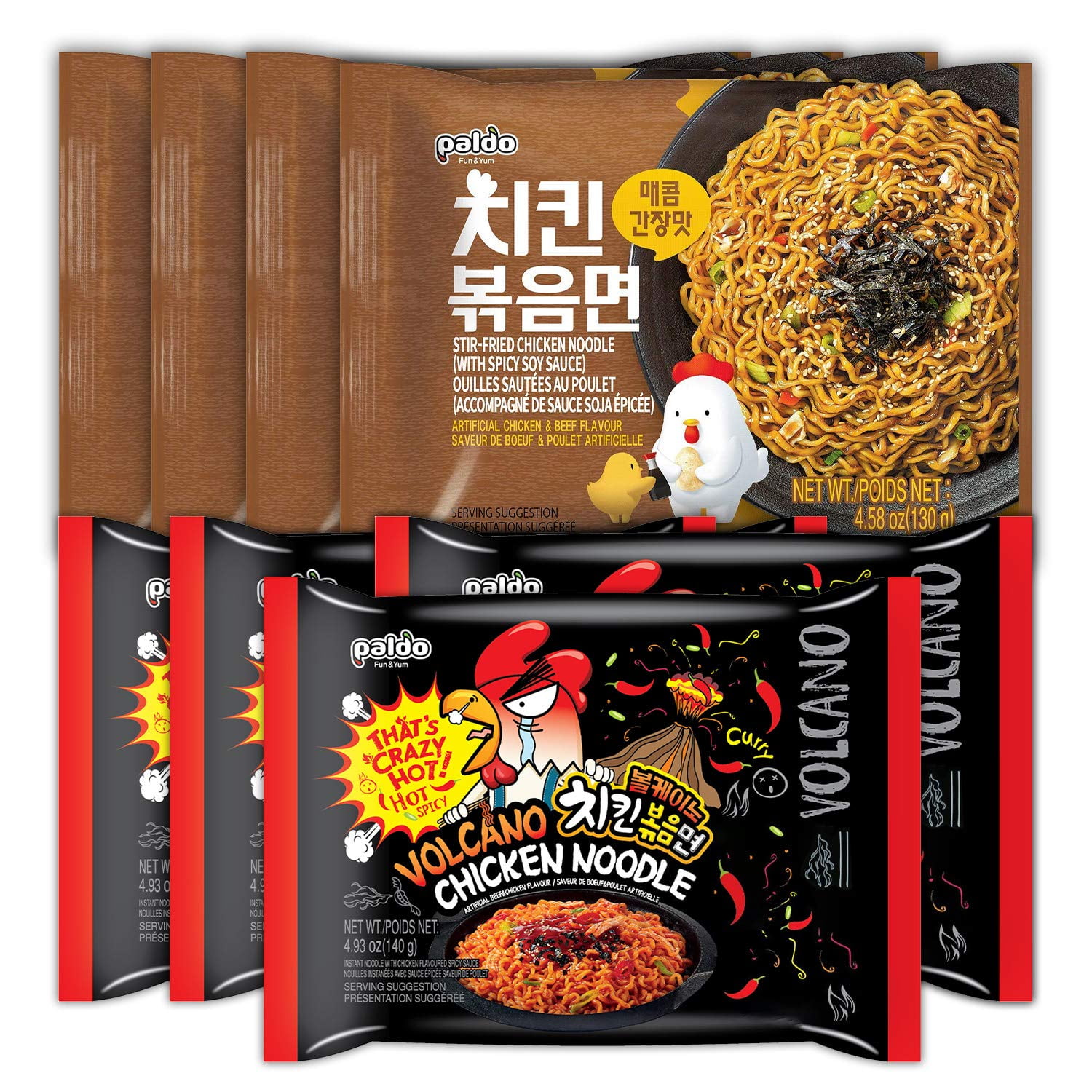Paldo Hot & Spicy Chicken Noodles Set, 8 Packs, Volcano & Soy Seasoning ...