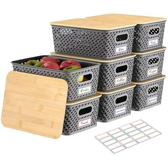 8 Packs Plastic Storage Bins with Bamboo Lids - Stackable Storage Bins ...