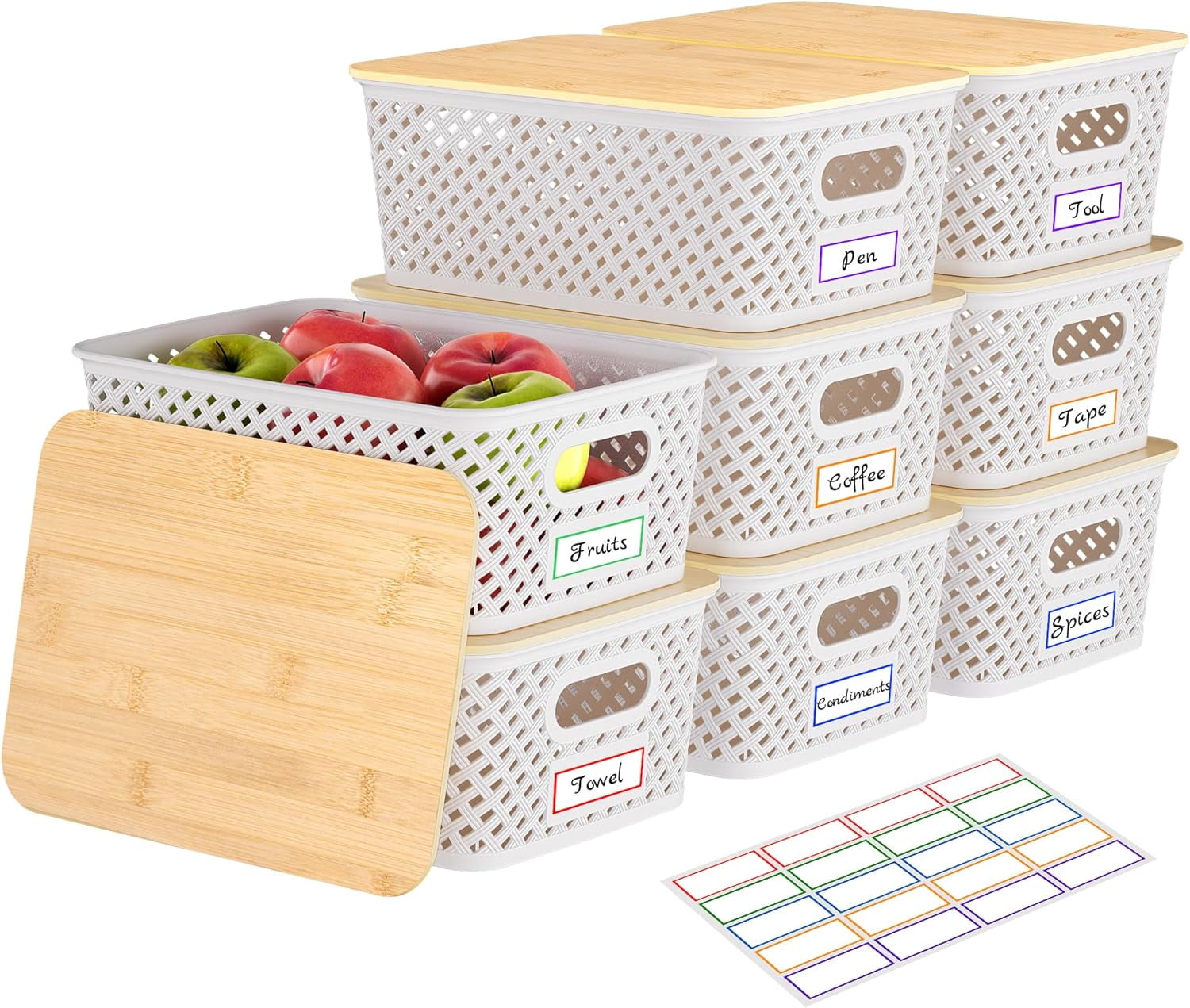 8 Packs Plastic Storage Bins with Bamboo Lids - Stackable Storage Bins ...