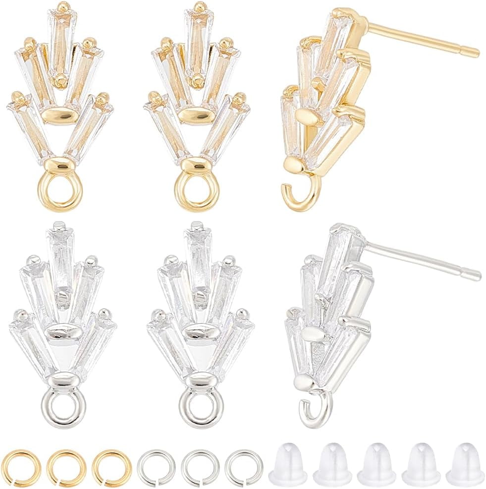 8 Pairs 2 Colors Brass Cubic Zirconia Stud Earring Findings Leaf Shape ...