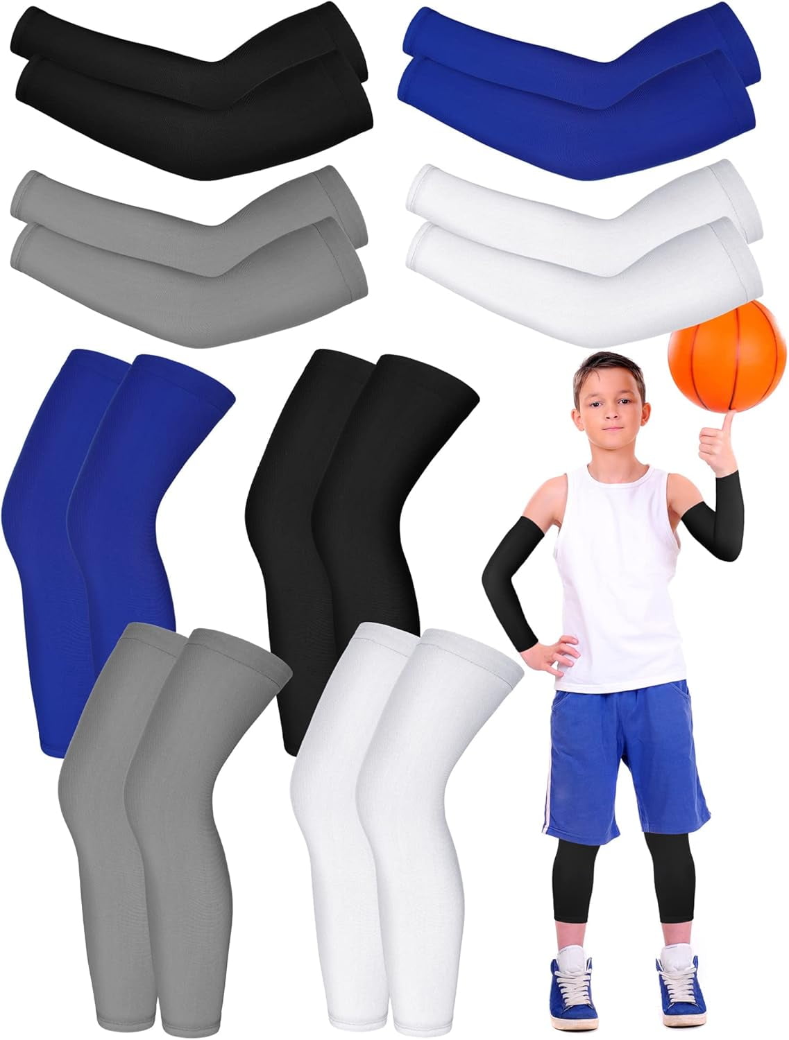 8 Pairs Kids Arm Sleeves and Basketball Leg Sleeves Set Non Slip Long ...