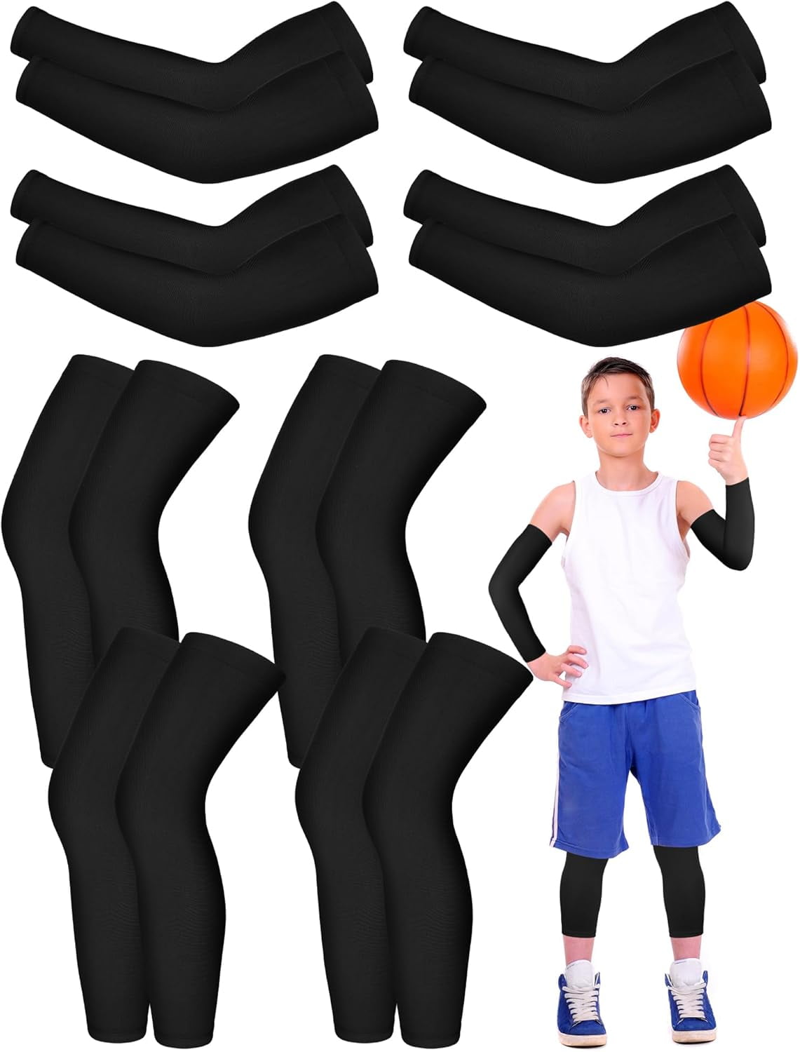 8 Pairs Kids Arm Sleeves and Basketball Leg Sleeves Set Non Slip Long ...
