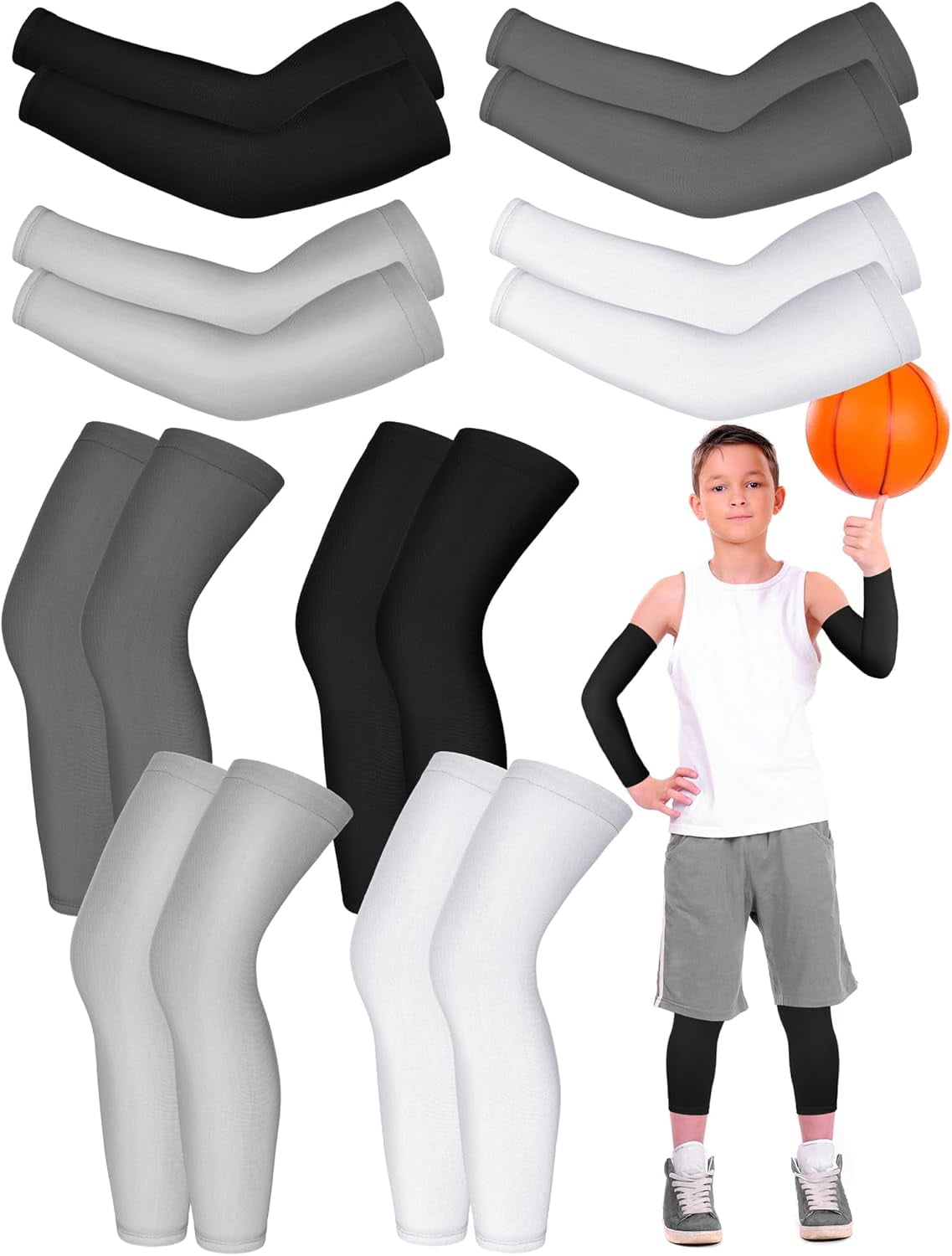 8 Pairs Kids Arm Sleeves and Basketball Leg Sleeves Set Non Slip Long ...