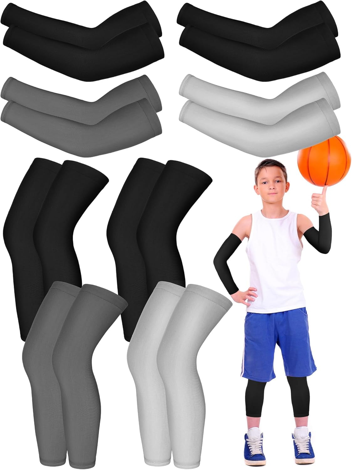 8 Pairs Kids Arm Sleeves and Basketball Leg Sleeves Set Non Slip Long ...