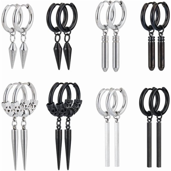 8 Pairs Unisex Dangle Hoop Cone Earrings Stainless Steel Hip Hop ...