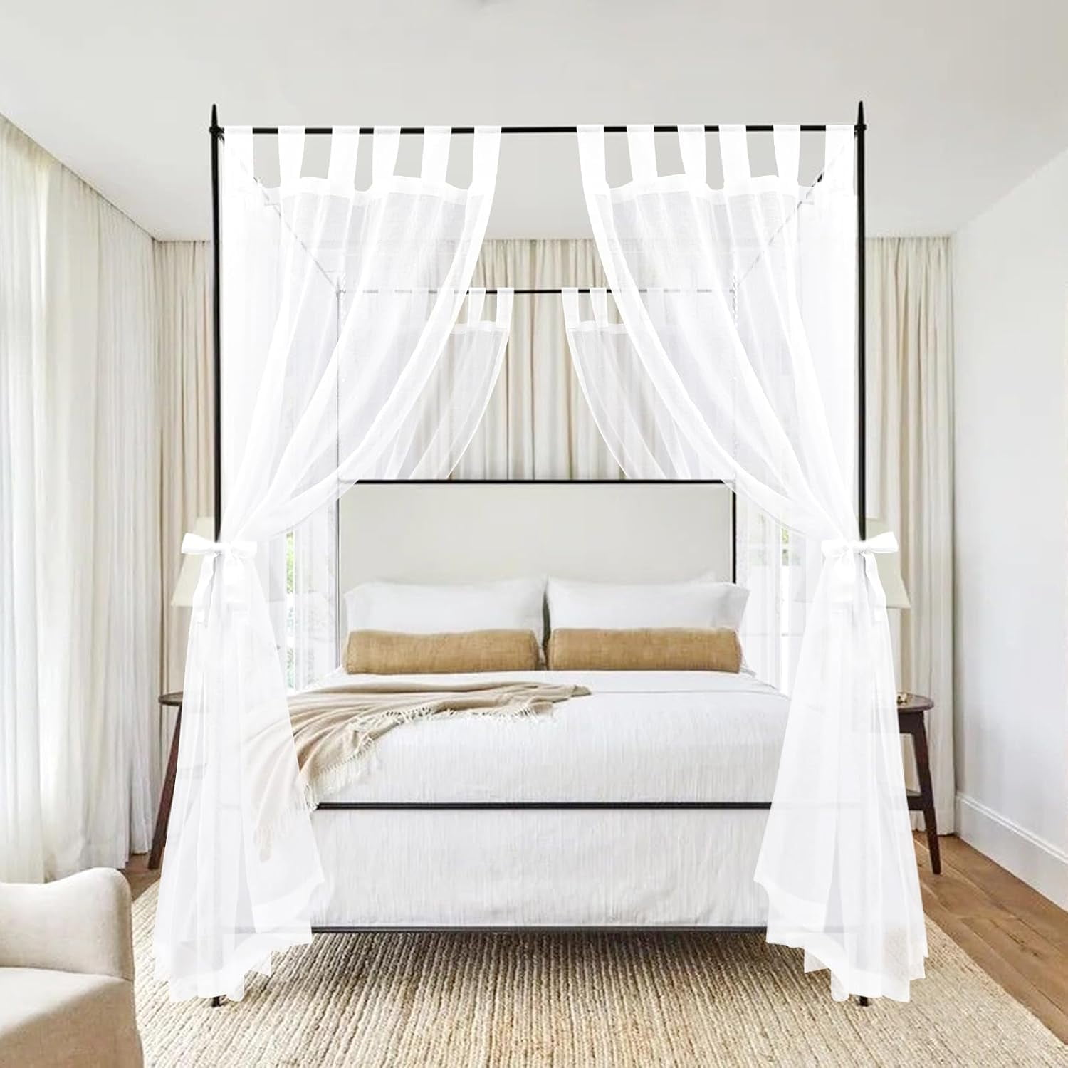 8 Panels Canopy Curtains White Canopy Bed Curtains for King Full/Queen ...