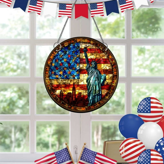 8" Patriotic Acrylic Stained Glass Window Hanging,Vintage Style Blue ...