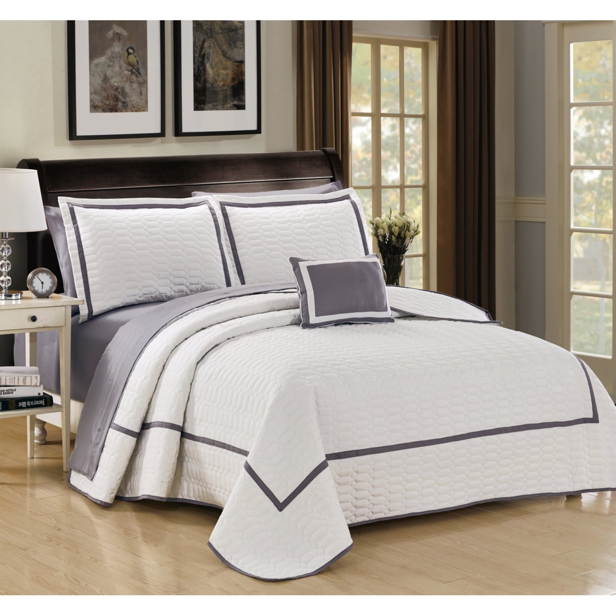 8 Pc. Neal Hotel Collection 2 Tone banded Geometrical Embroidered Quilt ...