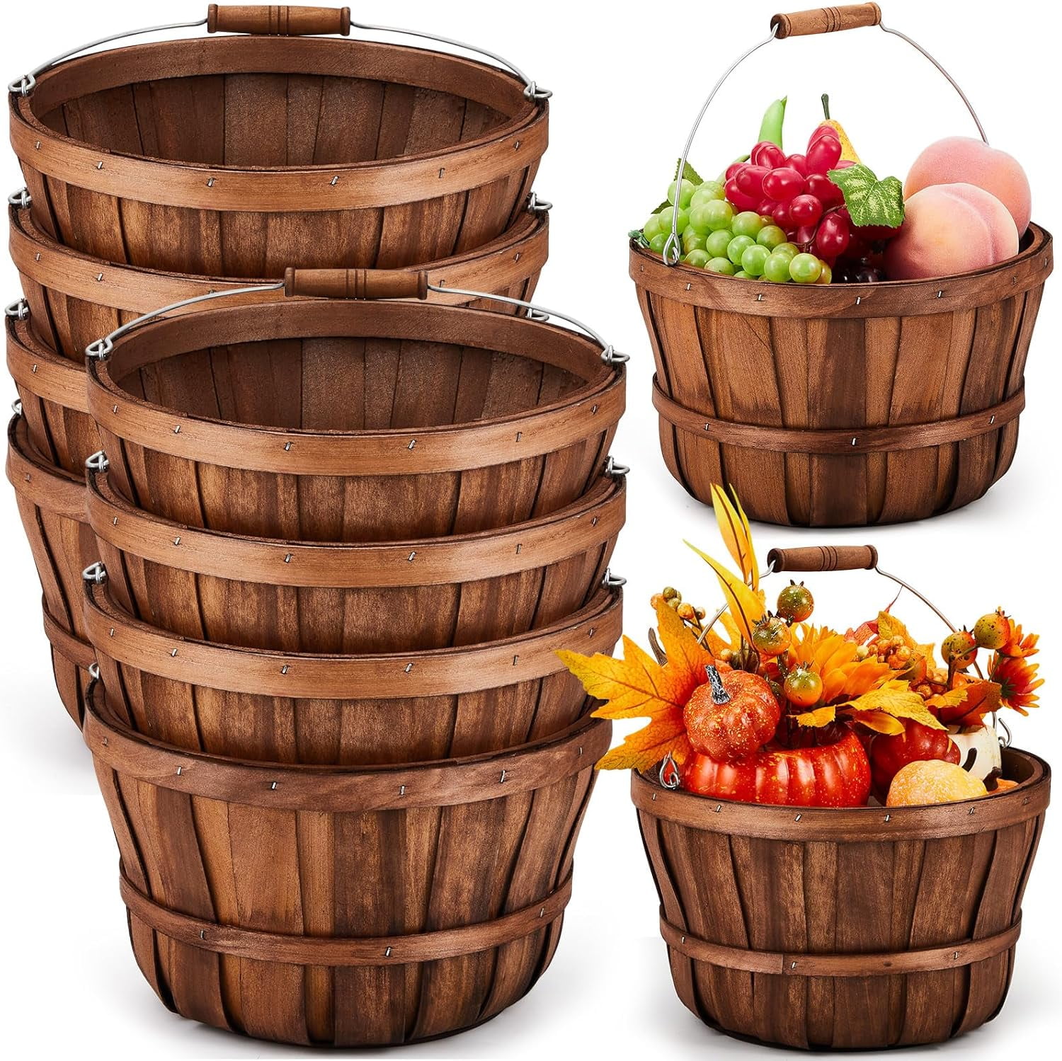 8 Pcs 11'' x 6.5'' Round Wooden Baskets Large Fruit Buckets with Handle ...