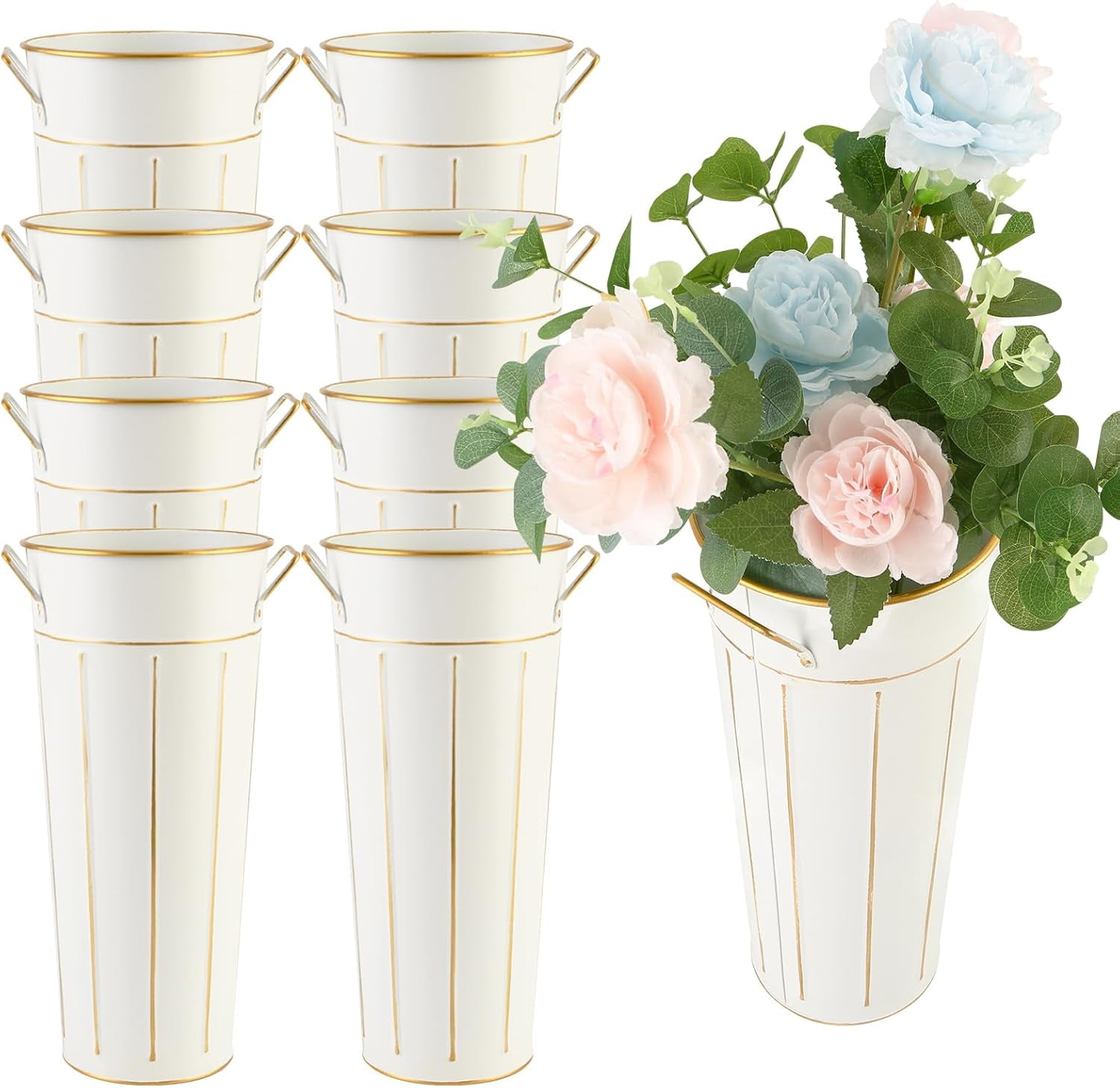 8 Pcs 12 Inch Galvanized Metal Vase With Handles - Tin Bucket for Bar ...