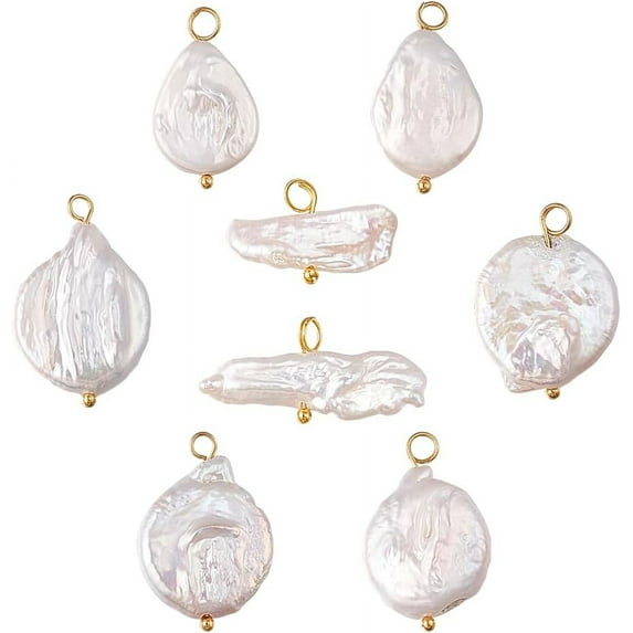 8 Pcs 3 Styles Natural Pearl Pendant Charms Flat Round/Teardrop ...