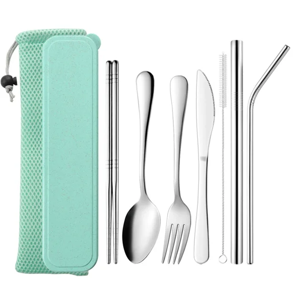8-Pcs 304Stainless Steel Reusable Utensil Set with Case, Knife Fork ...