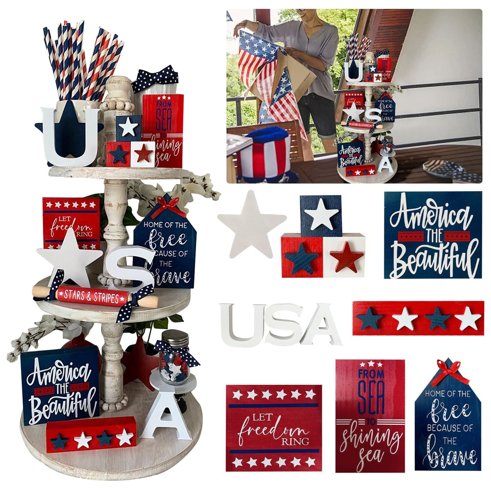 8 Pcs 4th of July Patriotic Tiered Tray Decoration Memorial Day Wooden ...