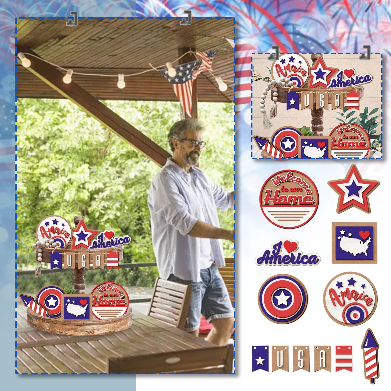 8 Pcs 4th of July Tiered Tray Decor Wood Patriotic Decorations ...