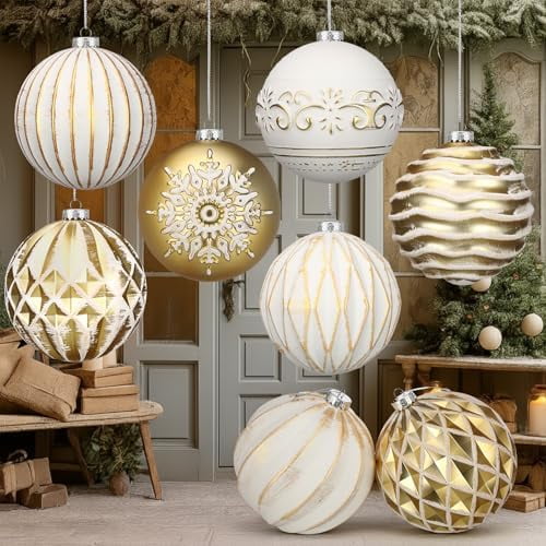 8 Pcs 6 Inch Large Farmhouse Rustic Christmas Ball Ornaments Set White ...