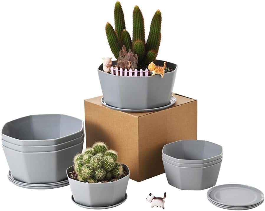 8 Pcs 6 inch Plastic Shallow Plant Pot, Octagon Bowl Planter Container ...