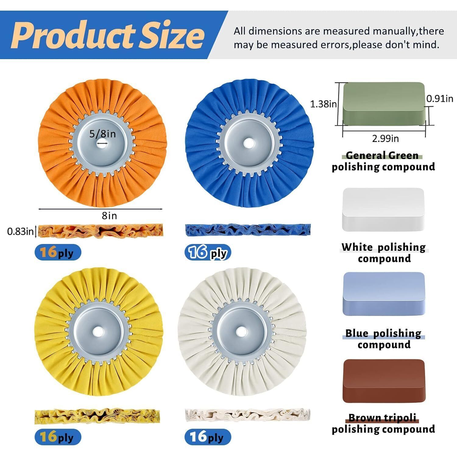 8 Pcs 8" Airway Buffing Wheel Kit in Diameter 5/8 in Arbor Hole ...