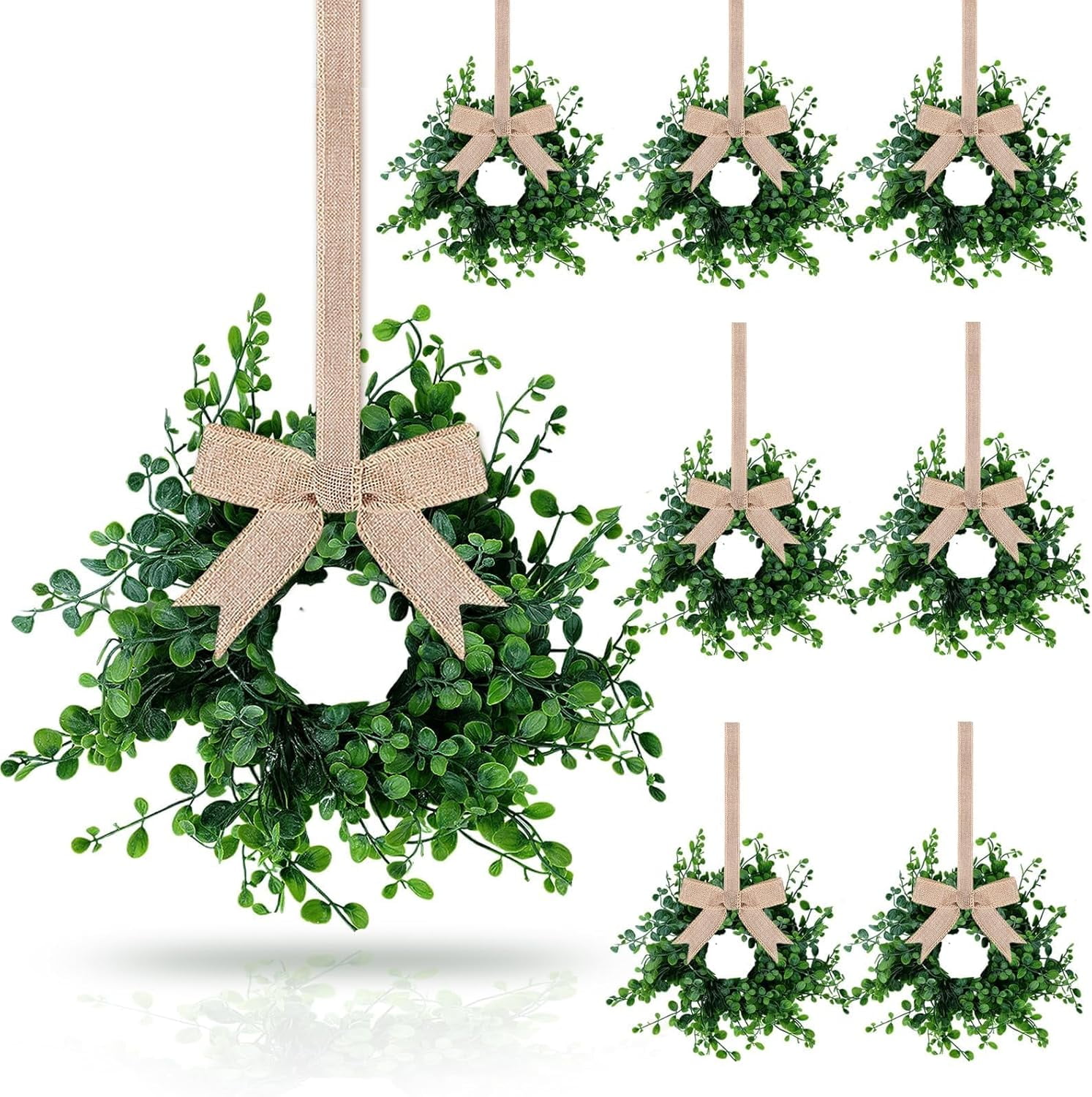 8 Pcs 9 Inch Mini Boxwood Green Pillars Candle Rings Wreaths, Wreath ...