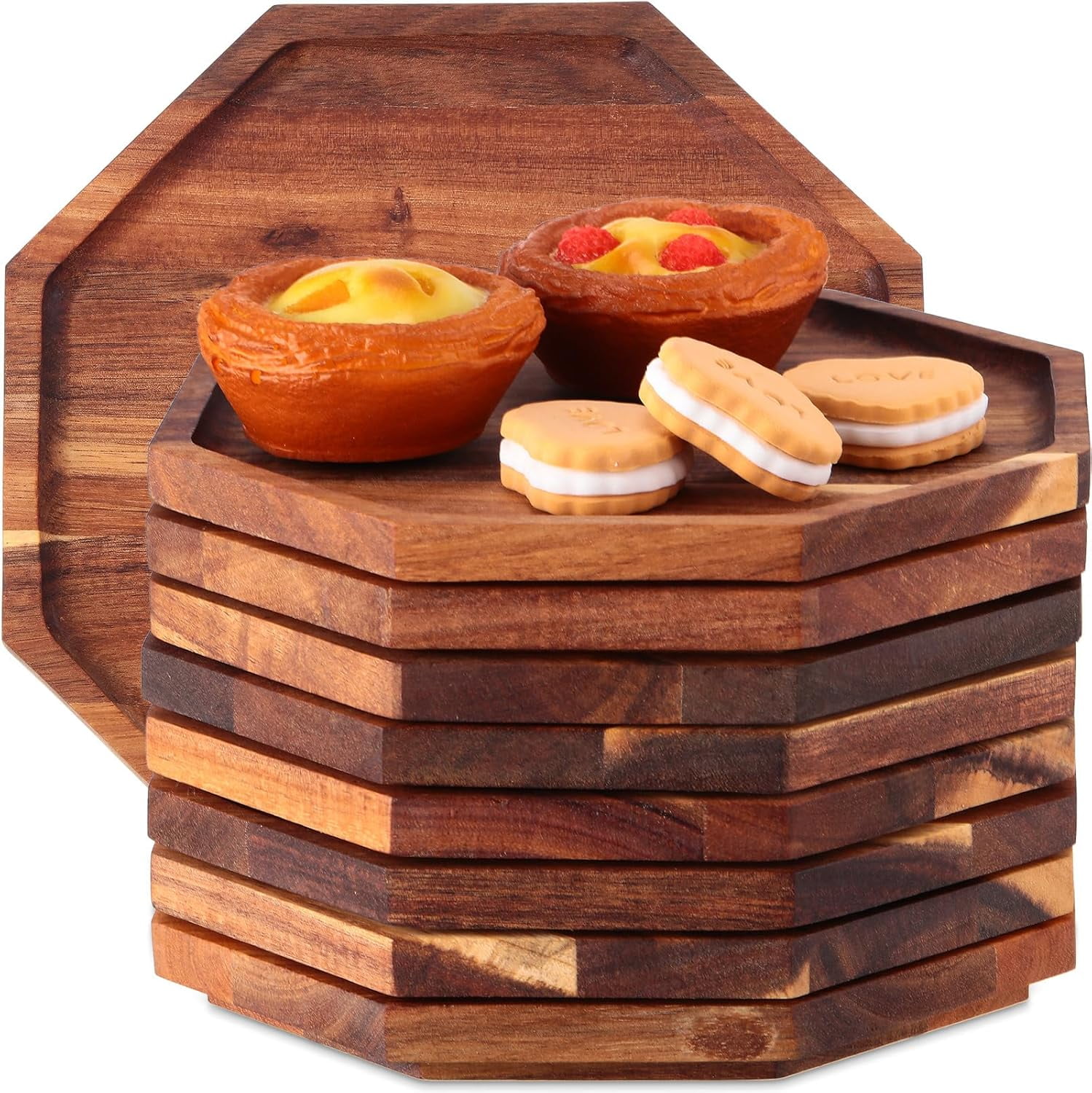 8 Pcs Acacia Wooden Octagon Serving Tray 8 Inch Octagonal Serving ...